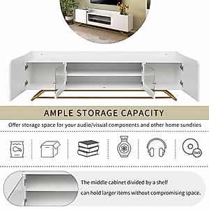 FridayParts Sleek Design 63.07" TV Stand with Fluted Glass, Contemporary Entertainment Center for TVs Up to 65", Faux Marble Top TV Console Table with Gold Frame Base, White