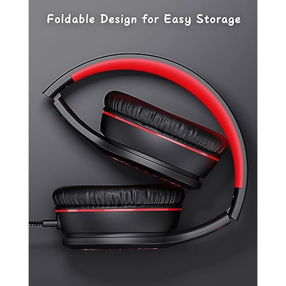 NIVAVA Wired Headphones with Microphone, K16 On-Ear Headphones for Kids with 3.5MM Jack, Foldable Stereo Bass Headphones for Teens School Amazon Kindle, Fire, Chromebook, Tablet(Black Red)