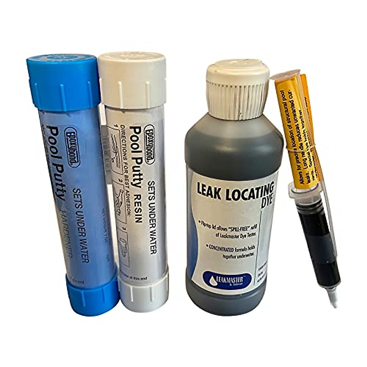 Epoxybond Atlas Pool Leak Detection Kit - Swimming Pool Leak Dye (Blue) Syringe & 8oz Refill Bottle - White Putty Epoxy Sealer + Valuable Instructional Step-by-Step DIY Videos