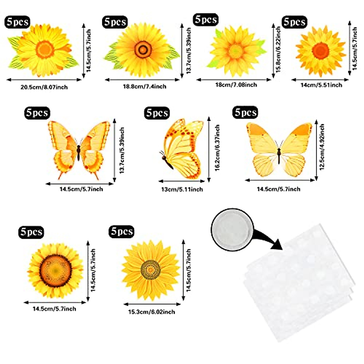 Summer Sunflower Cutouts, BENBO 45Pcs Spring Sunflower Wall Decals Butterfly Gerbera Daisy Bulletin Board Decoration Springtime Flower Cutouts with Glue Point Dots for Classroom School Birthday Party