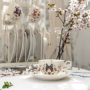 123Arts Ceramic Cat and Flower Coffee Mug Teacup Set with Saucer