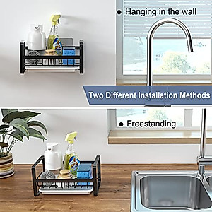 Kitchen Sink Caddy Sponge Holder, 304 Stainless Steel Sink Tray Drainer Rack, Soap Brush Dispenser, Countertop or Adhesive Sponge Holder Organizer for Sponge Dish Brush Soap with Removable Drain Tray