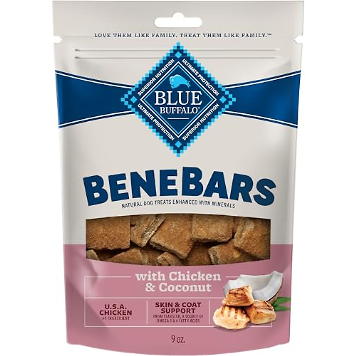 Blue Buffalo BeneBars Skin & Coat Support Dog Treats with Omega 3 & 6 Fatty Acids, Made with Natural Ingredients, USA Chicken & Coconut, 9-oz. Bag