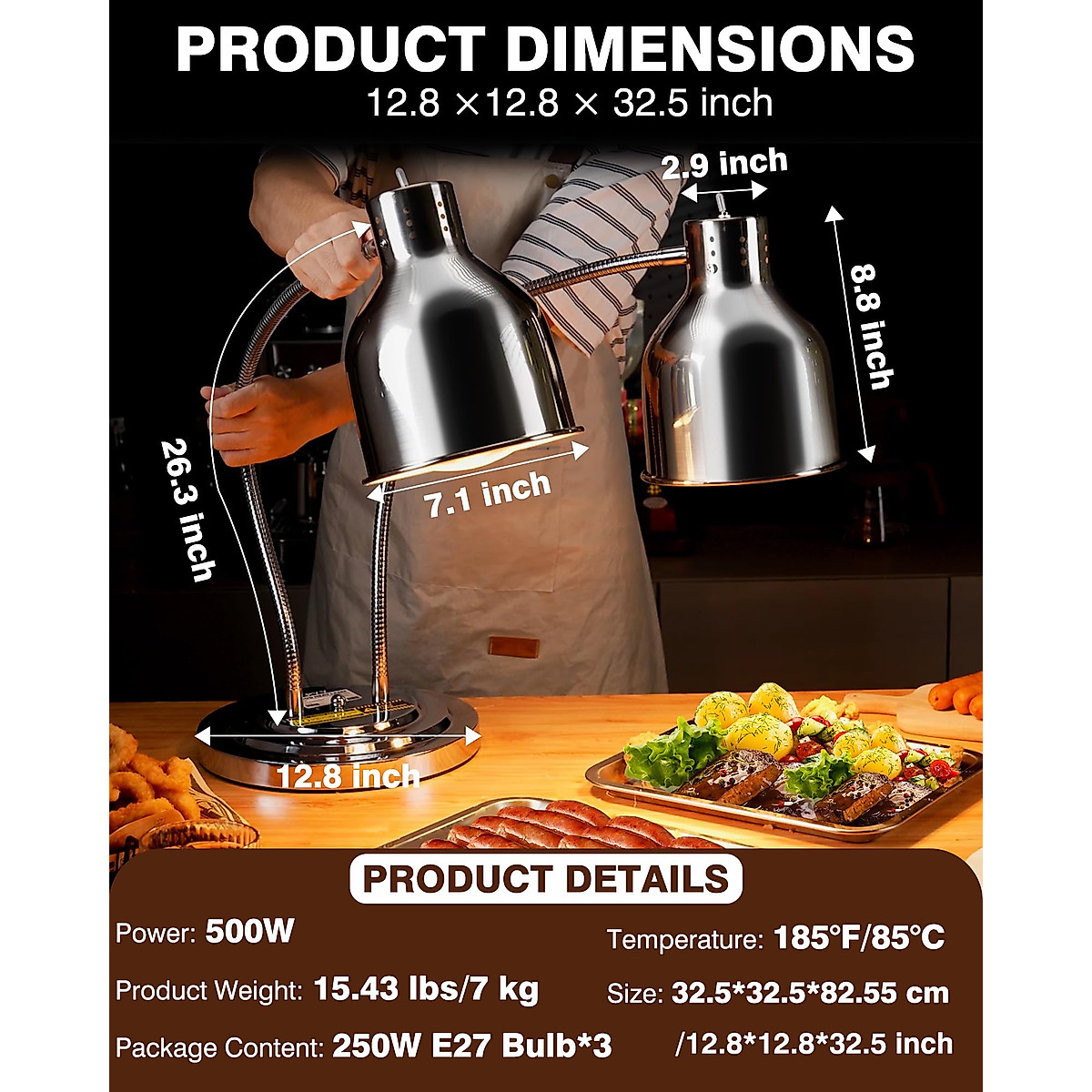 PYY Food Heat Lamp, Commercial Food Warmer, 2-Head Food Warming Light, 500W Portable Electric Heating Lamp, Stainless Steel Catering Food Warming Lamp for Restaurant Kitchen Cafeteria