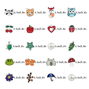 HOVEOX 20 Pairs Stud Earrings Stainless Steel Mixed Color Cute Animals Fruit Mushroom Cherry Pearl Fox Bear Butterfly Bee Owl Flower Star Heart Stud Earrings Set for Women