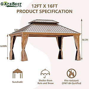 GAZEBEST 12'x16' Hardtop Gazebo Outdoor Aluminum Patio Gazebo Double Roof Galvanized Steel Gazebo Canopy Wooden Finish Coated with Netting and Curtains for Garden, Patio, Backyard, Deck and Lawns