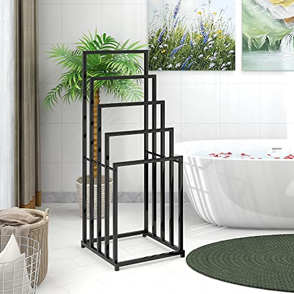 HAHRIR Black Metal 5-Tiers Stainless Steel Towel Racks ,Freestanding Towel Holder for Bathroom Accessories Organizer，for Bath Storage & Hand Towels&Washcloths& Blanket Rack