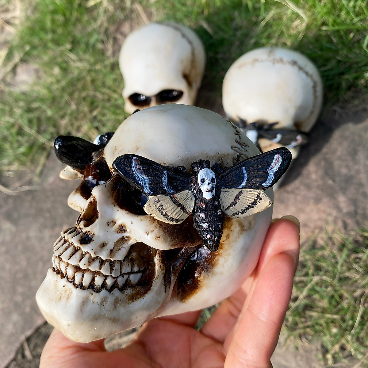 Basuo-9Q Pack of 3 Hear Speak See No Evil Resin Figurines Halloween Decoration Wise Skeletons Statues Black Reapers (Moth-Skulls)