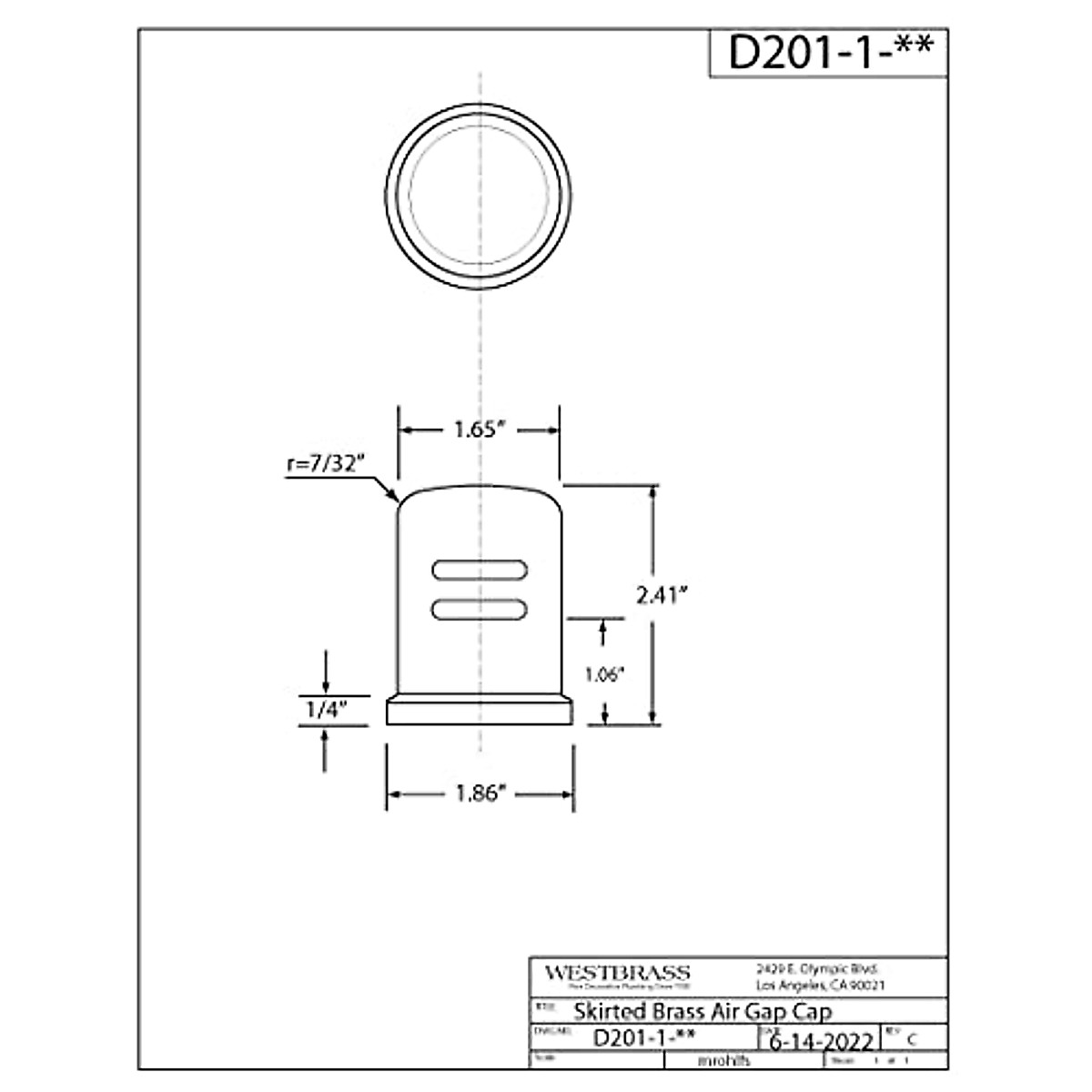 Westbrass R201-1-62 1-3/4" x 2-3/4" Solid Brass Air Gap Cap Only, Skirted, 1-Pack, Matte Black
