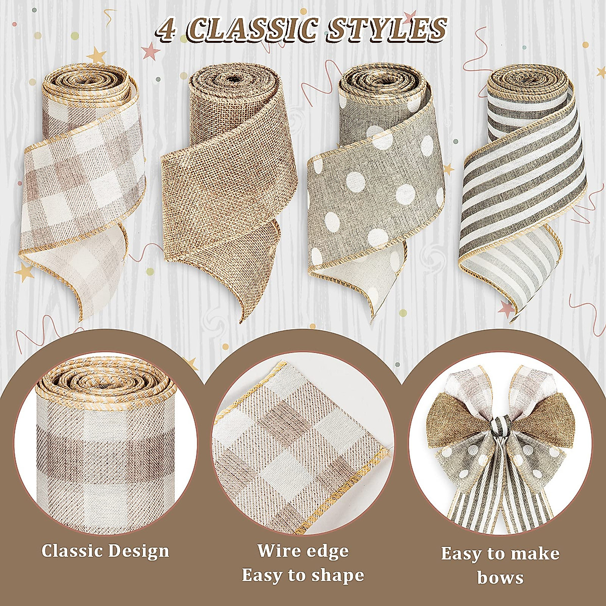 Whaline Farmhouse Wired Edge Ribbon 4 Rolls White Polka Dots Buffalo Plaid Stripe Ribbon Rustic Farmhouse Craft Ribbon for Spring Wedding Ribbon Wreaths Assorted DIY Gift Wrapping 2.5In x 20 Yard