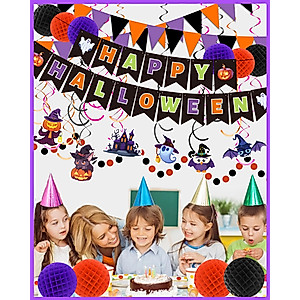 Happy Halloween Banner Halloween Party Decorations Indoor, Paper Pom Poms Triangle Flag Halloween Sign Hanging Garland Swirls Halloween Streamers for Trunk or Treat Decorations