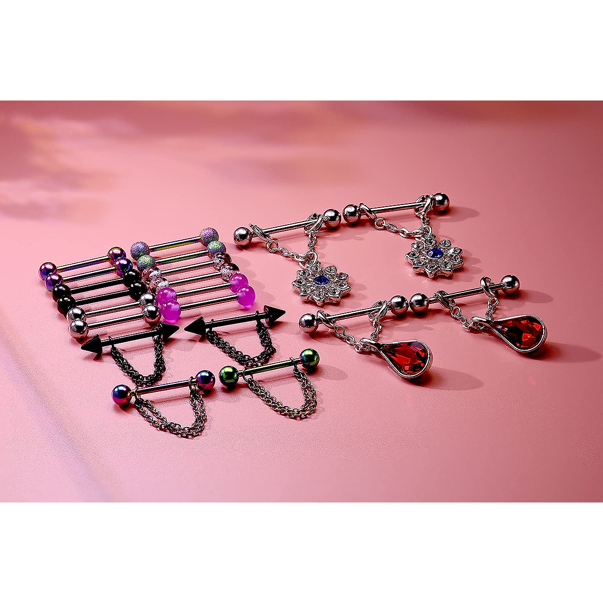 Ylqjksk Nipple Rings 14G Surgical Steel Nipple Piercing Jewelry for Women Plastic Glow Dark Nipple Rings Acrylic CZ Diamonds Heart Chain Dangle Nipple Shield 14MM 9/16 Inch，Rainbow Purple Barbell