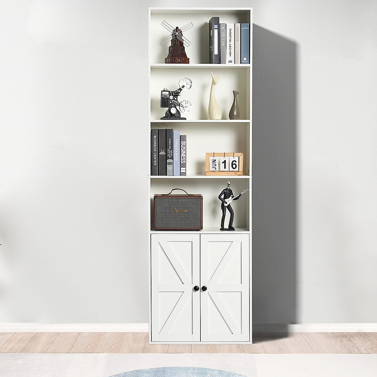 oneinmil Tall Bookshelf, 6-Tier Bookcase, Modern Bookshelves with Cabinet Doors, Storage Cabinet for Home, Office, Living Room (White, 21.8" Width with Doors)