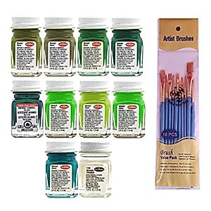 Testors Green Enamel Paint Variety, Green, Flat Green, Flat Beret Green, Metal Flake Green, Fluorescent Green, Sublime Green, Bright Lime, Teal, Flat Army Olive, and Thinner, 1/4 oz (Pack of 10) - with Make Your Day Paintbrushes