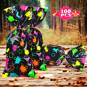 Epakh 100 Pack Neon Candy Bags Goodie Bags Plastic Colorful Treat Bags Glow in the Dark Party Supplies Favor Bags Neon Gift Wrap Bags with Silver Twist Ties for Glow Birthday Party Decor