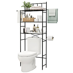 MallCreaty Over The Toilet Storage, 3 Tier Bathroom Organizer Shelf with X-Shaped Bar, Above Toilet Storage Rack with 4 Hooks, Grey