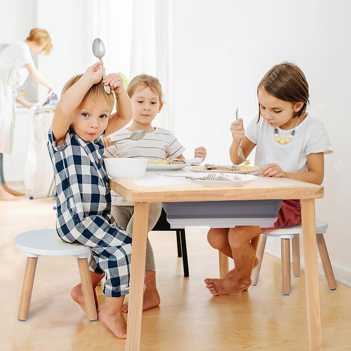 Frogprin 2 Pack Wooden Kids Stool, Perfect Matched Sensory Table, Toddler Step Stool Multi-Purpose Sitting Stool Children's Small Stool 10.23in Round Stool Stable Natural Anti-Slip