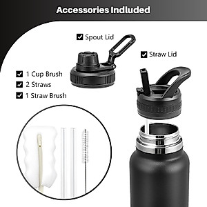 Insulated Water Bottle With Straw,32 oz Vacuum Insulated Stainless Steel Sports Water Flask with 2 Lids & 2 Straws,Keeps Cold and Hot,Metal Water Bottle Wide Mouth for Gym Travel Camping(Black)