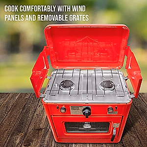 Hike Crew Outdoor Gas Camping Oven w/Carry Bag | 2-in-1 Portable Propane-Powered Stovetop & Oven w/ 2-Burner Cooktop Range, Auto Ignition, Overheat Safety Shutoff, Built-In Thermometer, Hose Regulator