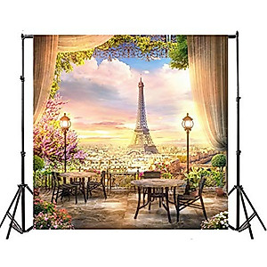 Leowefowa 5X5FT Vinyl Backdrops Photography Background Eiffel Tower Wooden Chair Desk Curtain Flowers Romantic Backdrop for Kids Lover 1.5(W) X1.5(H) M Photo Studio Props