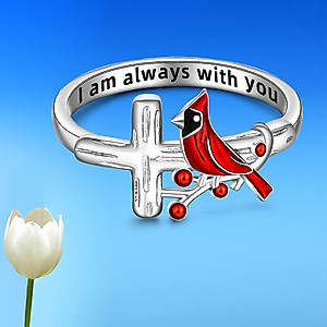 Cardinal Ring Cardinal Appear When Angels Are Near Cross Red Bird Spiritual Rings for Women Sterling Silver Memorial Gifts for Loss of Loved One Size 6
