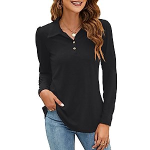 LOMON Women's Long Sleeve Polo Shirts and Blouses Business Casual Collared Tunic Shirt Black XL