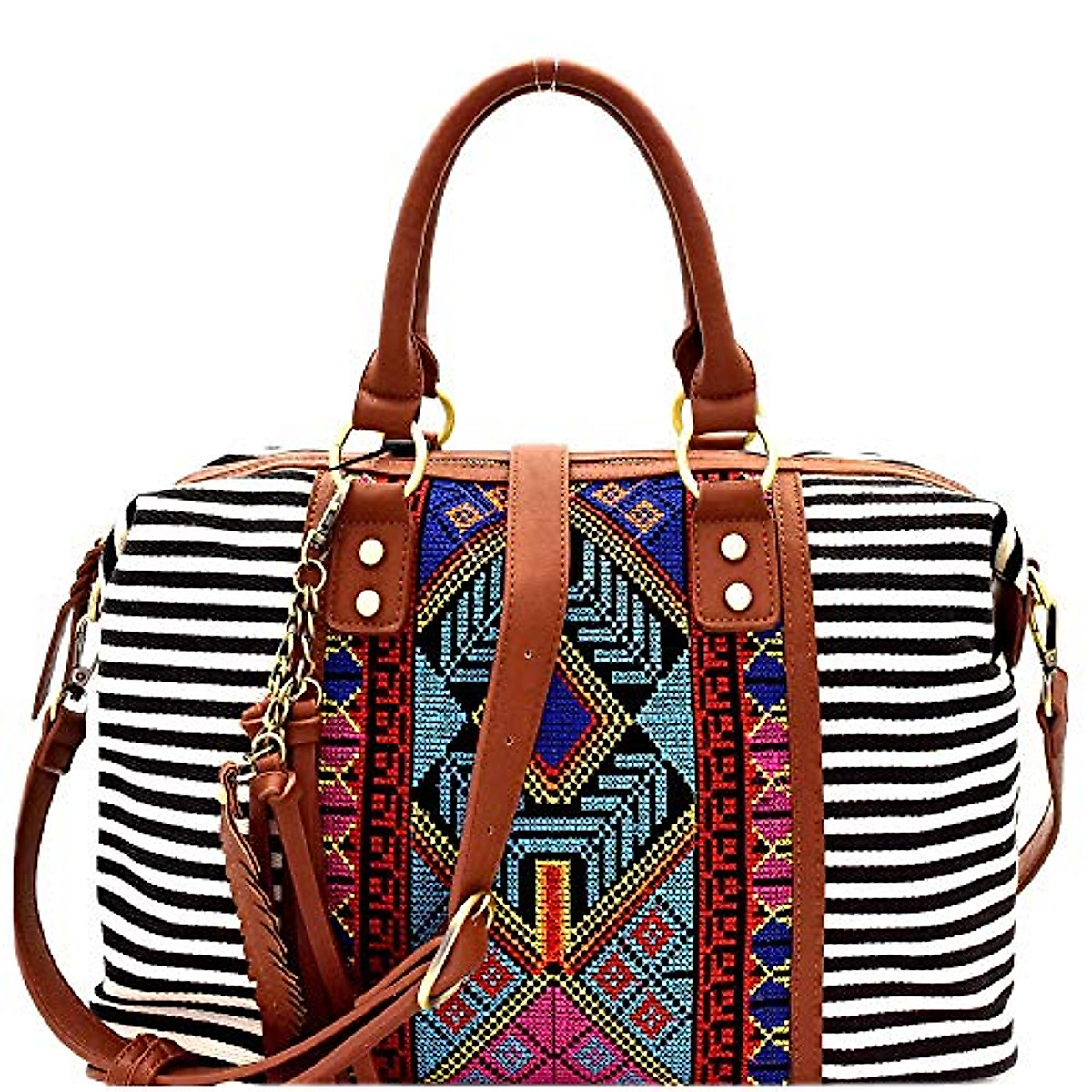 Boho Tassel Leaf Charm Aztec & Stripe Print Canvas Satchel Tote Handbag Purse (Embroidered Satchel - Black)