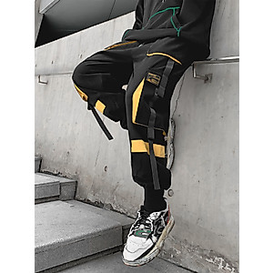 Ambcol Men's Jogger Pants Techwear Hip Hop Harem Pants Streetwear Tactical Track Pants with Drawstring Black-Yellow Medium