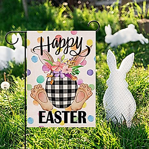 Hzppyz Happy Easter Garden Flag Double Sided, Easter Eggs Bunny Rabbit Decorative Yard Outdoor Home Small Decor, Buffalo Plaid Polka Dots Spring Farmhouse Burlap Outside House Decoration 12 x 18