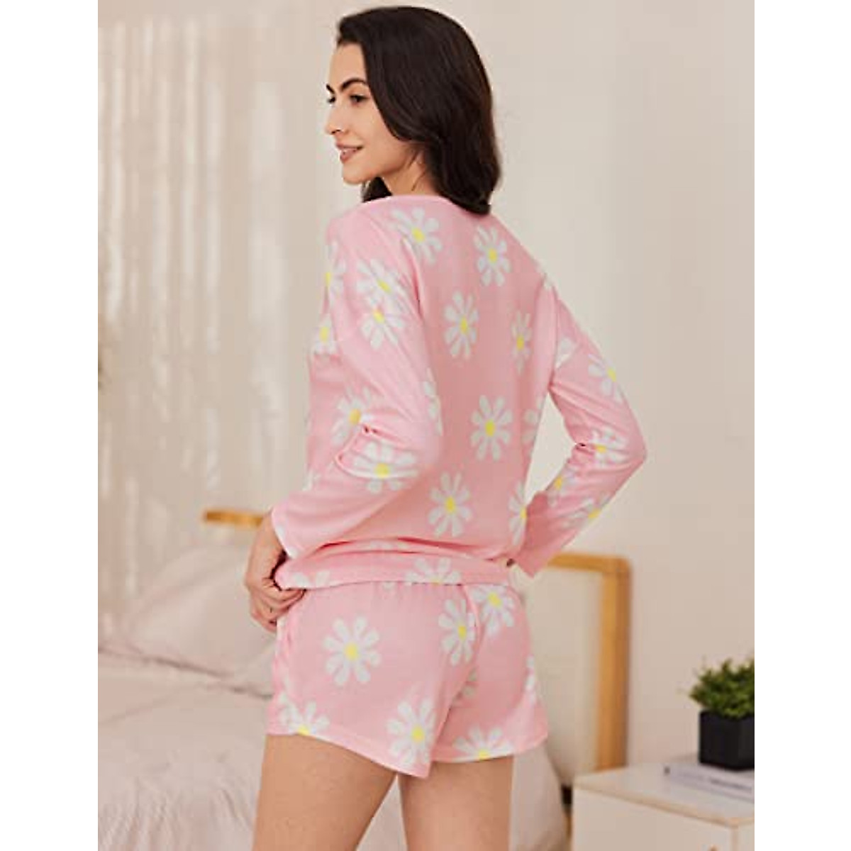 Ekouaer Women 2 Piece Waffle Set Long Sleeve Floral Knit Pullover Top and Knitted Shorts Suit Spring Outfits Pink Daisy Flower