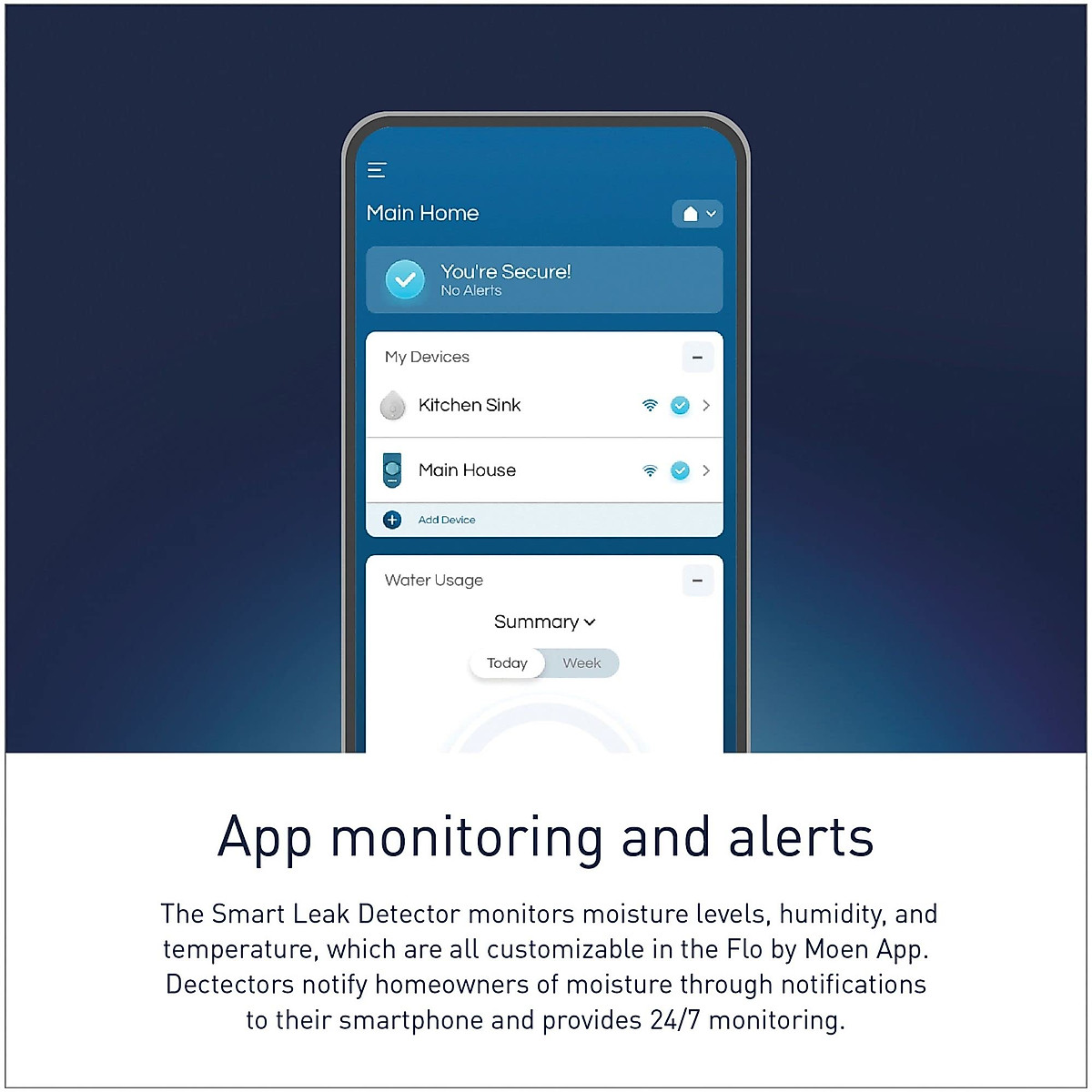 Moen Flo Smart Water Leak Detector, White, 4-Pack 920-005 + 2-Pack 6-Foot Leak Sensing Cable