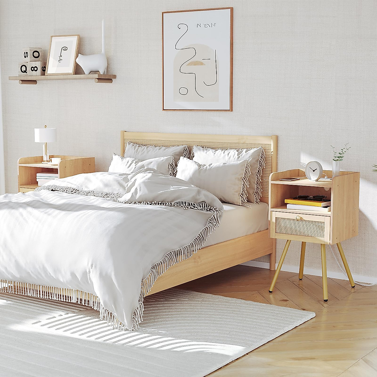 HOOBRO Nightstand with Charging Station, Side Table with Rattan-Like Decor Drawer, Rattan End Table with Open Storage, Bedside Table for Bedroom, Study Room, White Oak DO92UBZ01