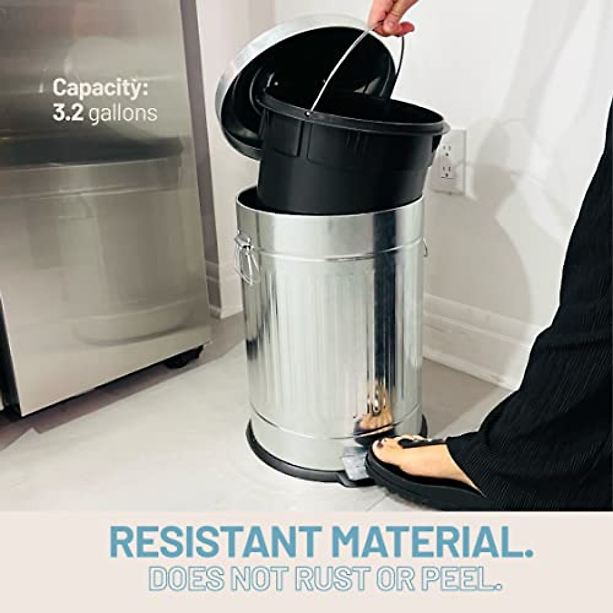 AWENN - Kitchen Garbage Trash Can with Lid and Pedal - Touchless Round Shape Waste Bin - Galvanized Iron Dustbin for Kitchen, Bathroom, Office and Outdoors (3.2 Gallon – 12 Liters)