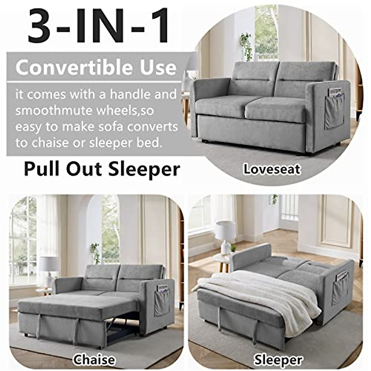Gynsseh Pull Out Loveseat Sleeper, Adjustable Sleeper Loveseat Couch with Pull Out Bed and Side Pockets, 3-in-1 Convertible Sleeper Sofa Bed for Small Spaces Living Room (S3-Gray)