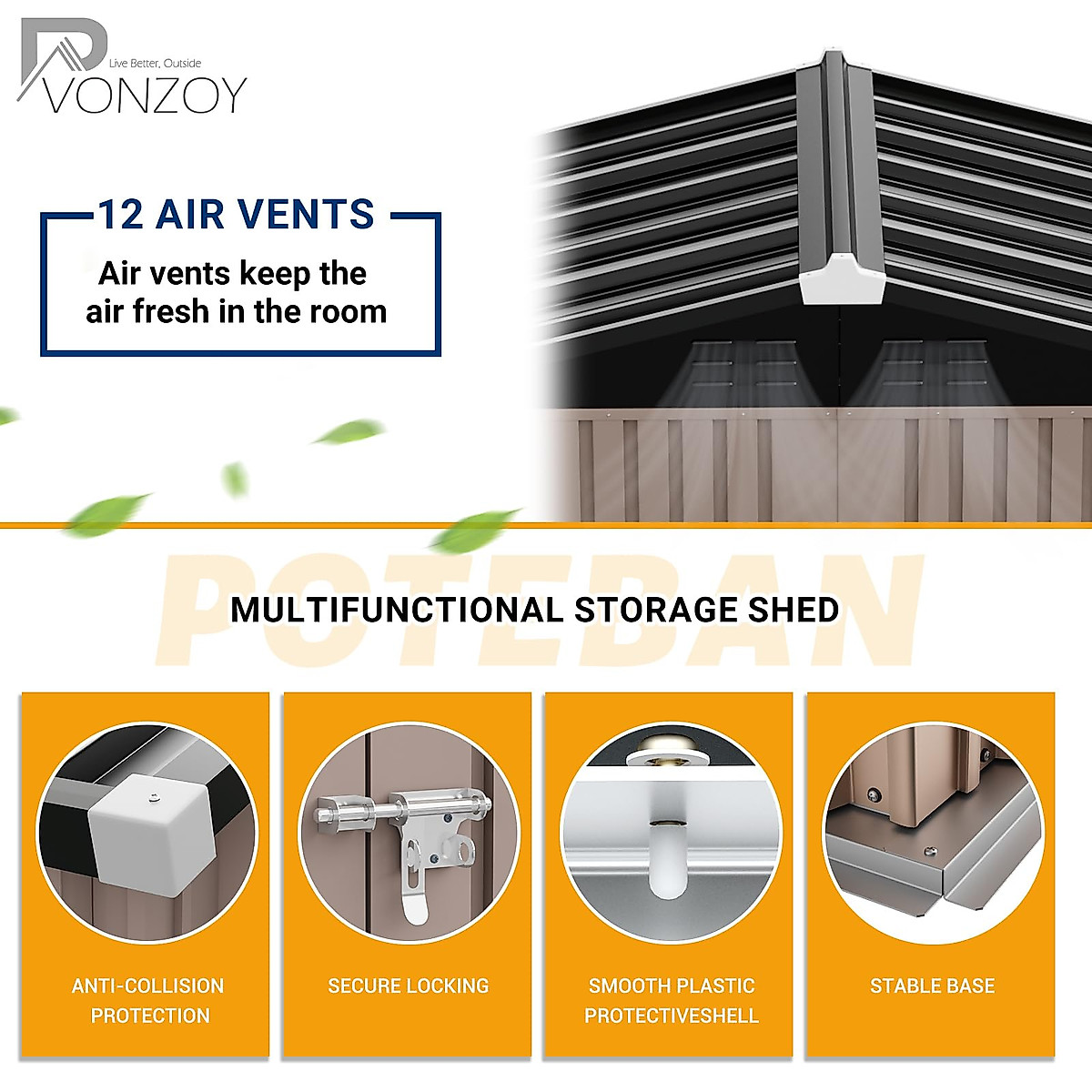 VONZOY 6'x4' Outdoor Storage Shed with Singe Lockable Door,Galvanized Metal Shed Suitable for The Garden,Tiny House Storage Sheds Outdoor for Backyard Patio Lawn，Brown