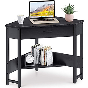 ODK Corner Desk, Triangle Computer Desk Corner Vanity with Large Drawer & Storage Shelves, Corner Writing Desk for Workstation