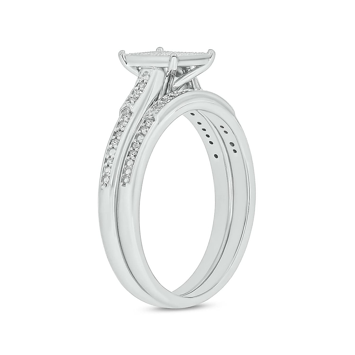 Cali Trove, 1/4cttw Diamond Square Cluster Engagement Ring with Matching Diamond Wedding Band for Women in 925 Sterling Silver, Women's Silver Square Wedding Ring Set with Diamond Accented Bands,7