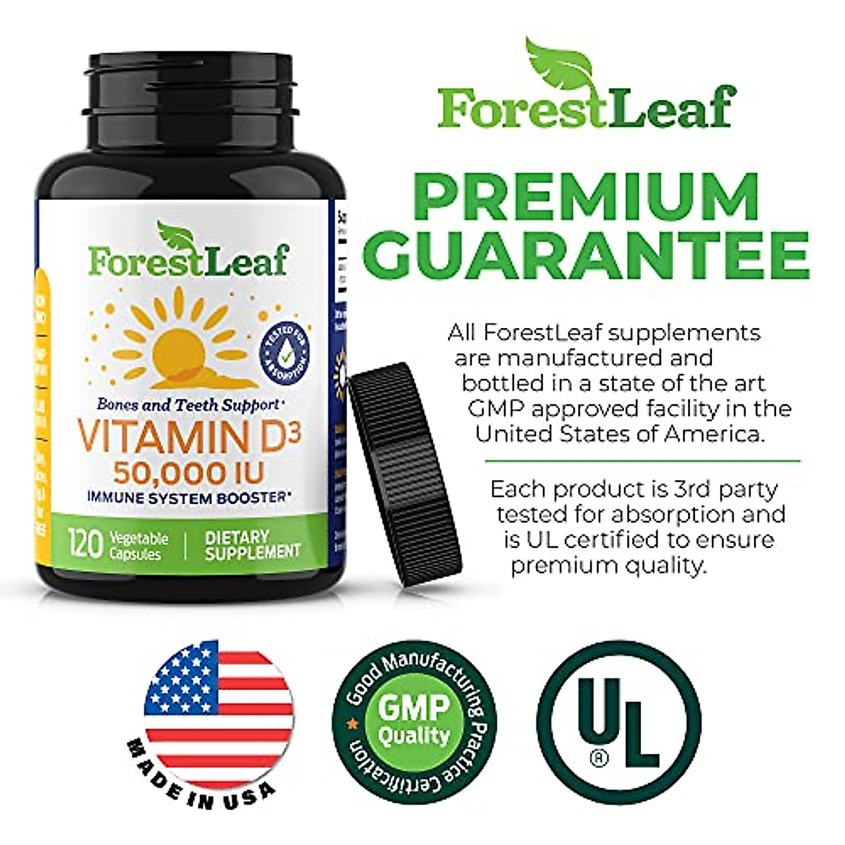 ForestLeaf - Vitamin D3 50,000 IU Weekly Supplement - 120 Vegetable Vitamin D Capsules for Bones, Teeth, and Immune Support - Easy Swallow Pure Vitamin D3 50000 IU- Non GMO Pills