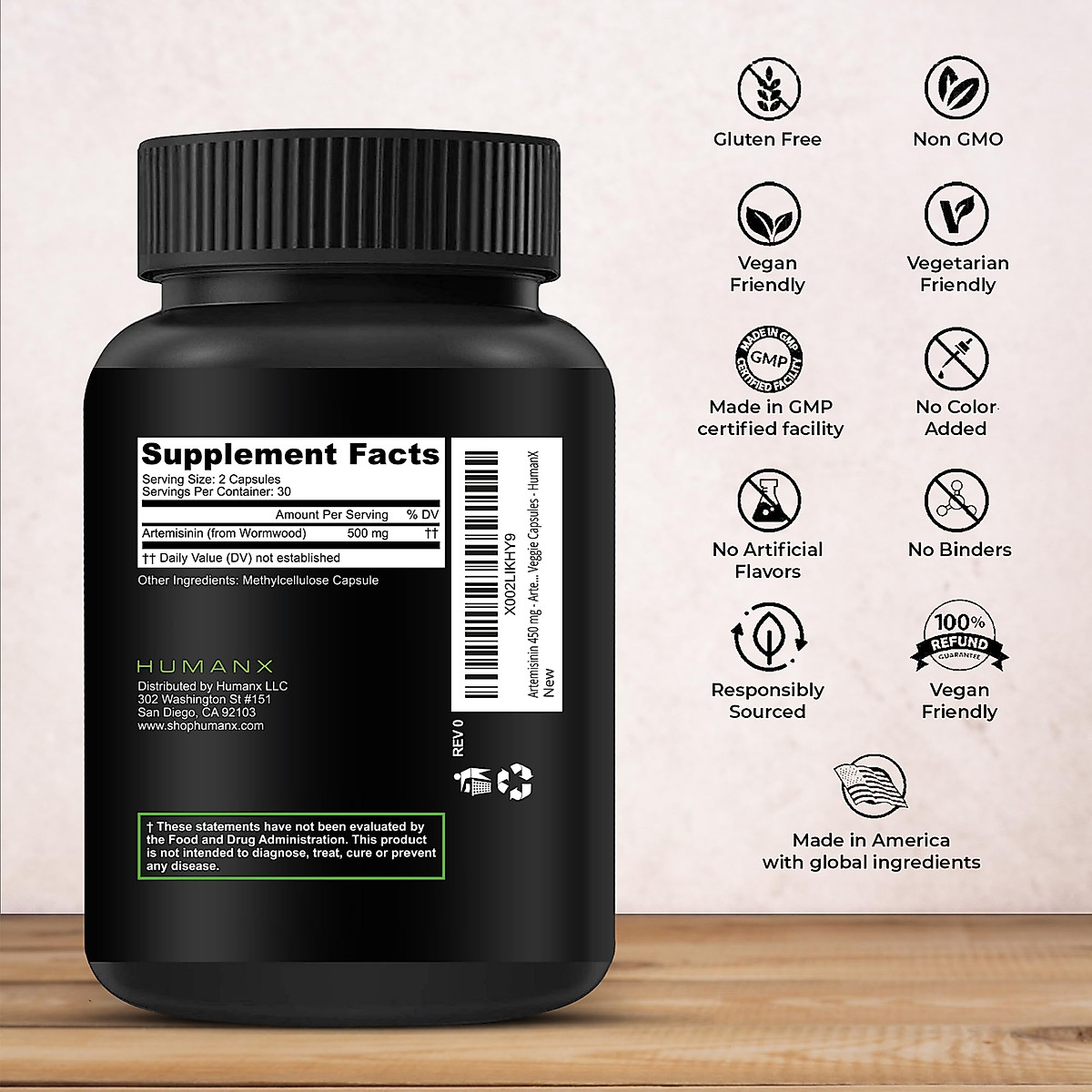 HUMANX Artemisinin 500 mg - Supports Healthy Aging, Digestion, and Immunity - USA Third Party Tested - Vegan, Non-GMO - Artemisia Annua Supplement - Sweet Wormwood Extract - Easy to Swallow Capsules