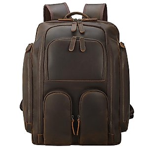 Masa Kawa Vintage Leather 15.6" Laptop Computer Backpack Camera Bag for Men Photographers Brown Large Business Travel Work Multi Pockets Rucksack Daypack