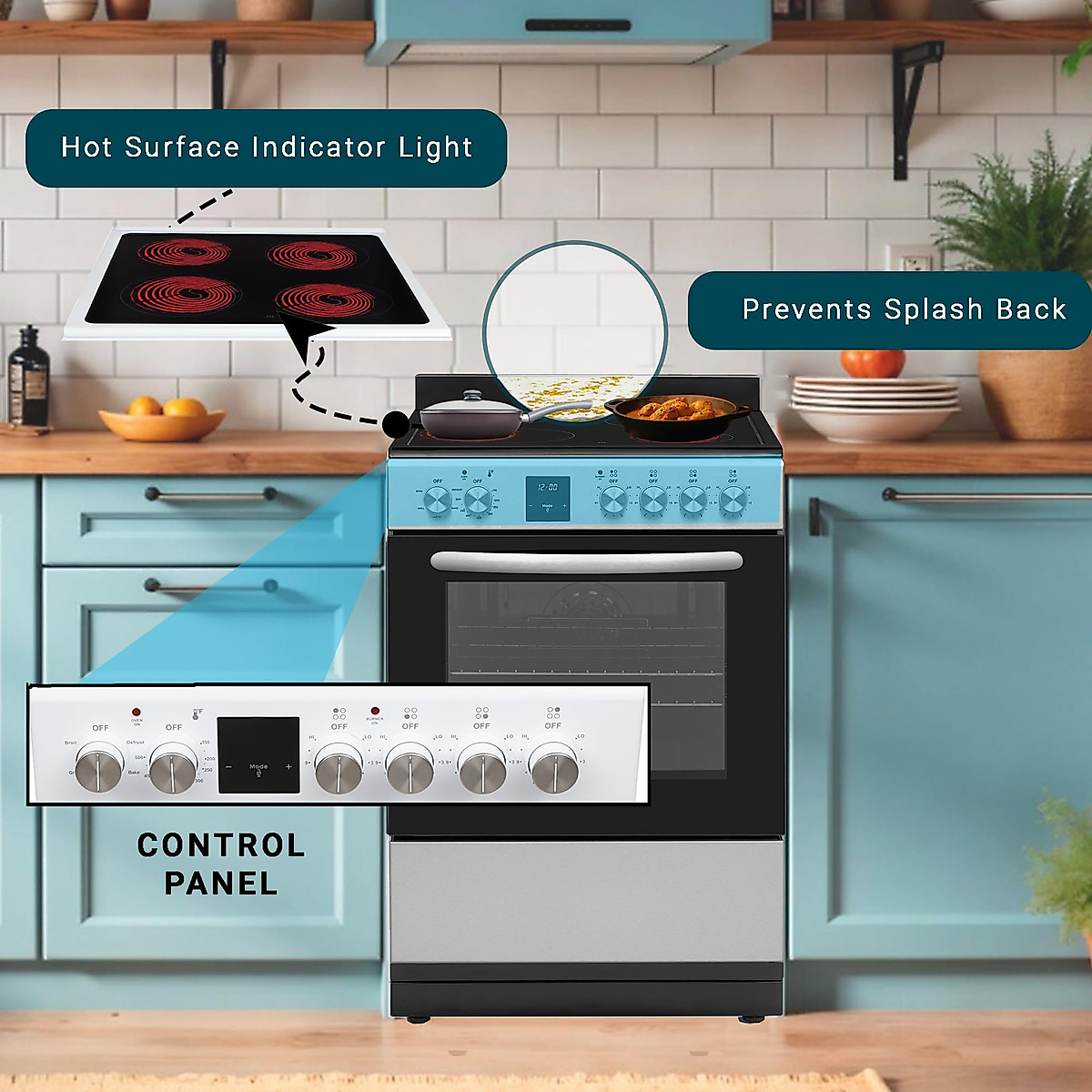 Equator Stainless Steel Electric Stove with Convection Oven, Air Fryer & Ceramic Cooktop 24-Inch, 4 Burners - Kitchen Cooking Range (SS)