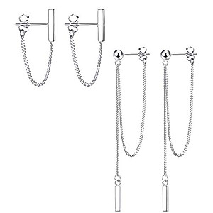 Milacolato 925 Sterling Silver Chain Earrings 14K Gold Plated Chain Dangle Bar Earrings Hypoallergenic Stud Earrings with Long Drop Threader Chain for Women