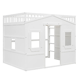 Harper & Bright Designs House Loft Bed Full Size Kids Playhouse Bed, Solid Wood Loft Bed Frame with Window and Ladder, for Girls Boys (Full Size, White)