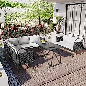 Merax 5-Piece Modern Patio Sectional Sofa Set Outdoor Woven Rope Furniture Set with Glass Table and Soft Cushions