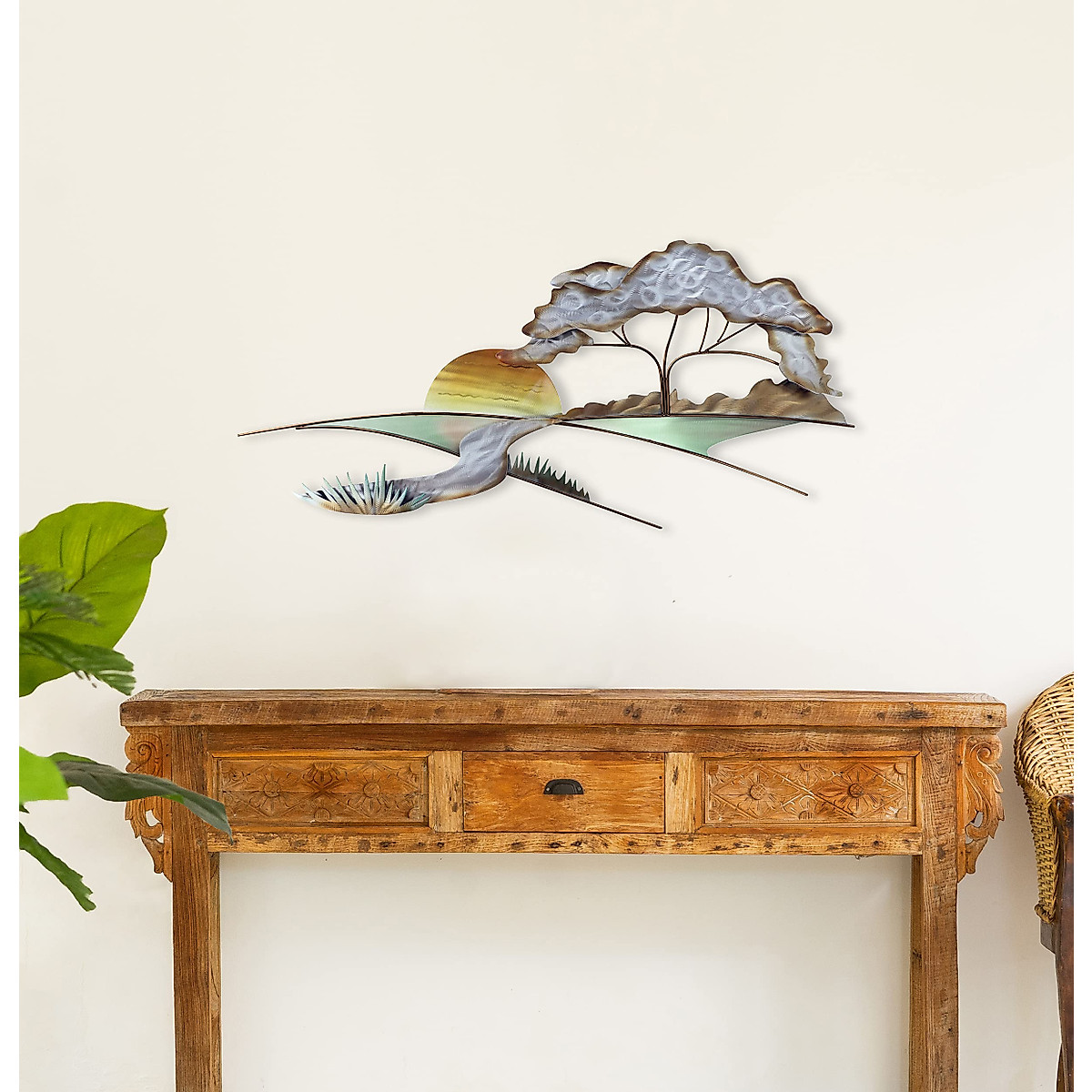 T.I. Design Oak Hill | Contemporary Metal Tree with Setting Sun Stainless Steel Wall Decor