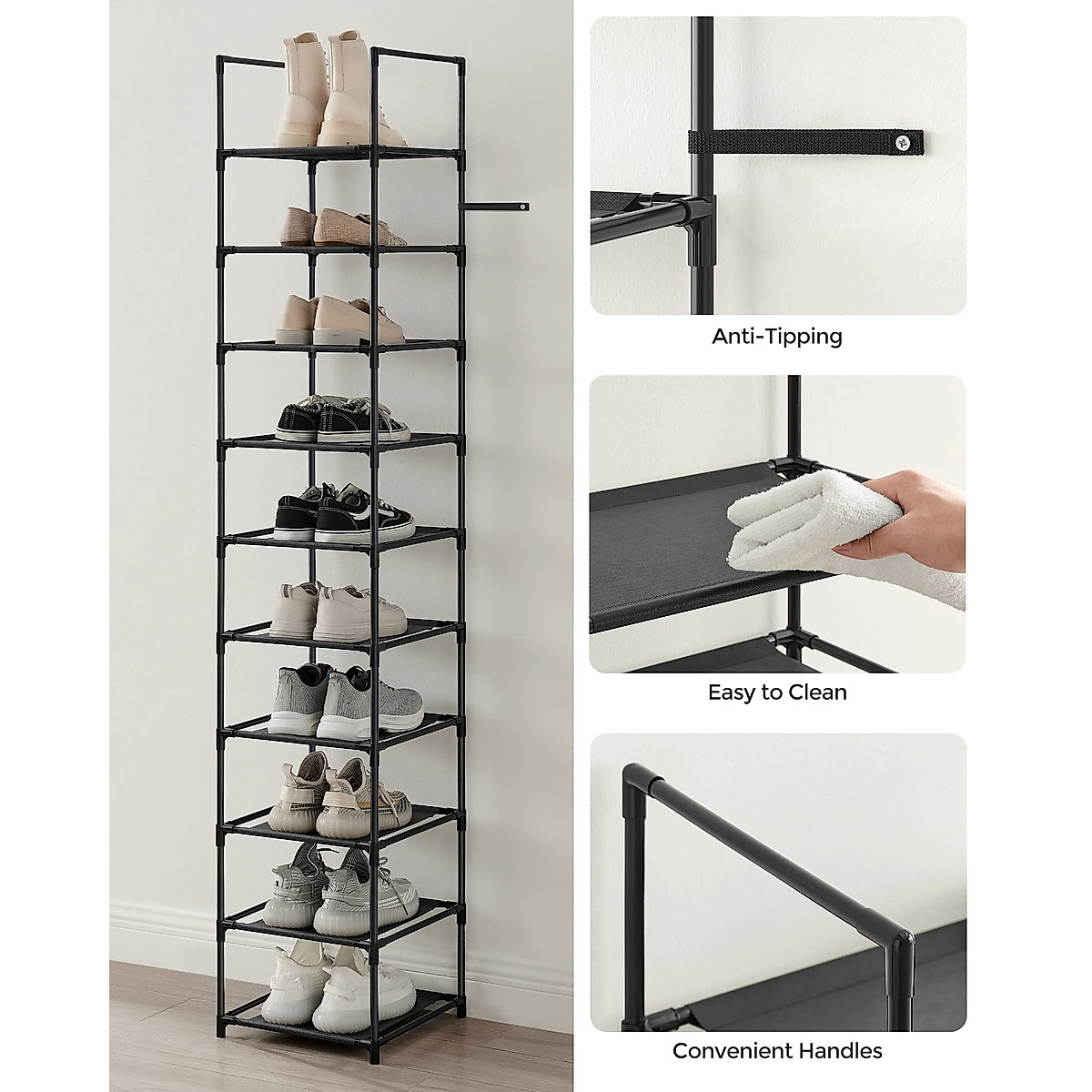 SONGMICS Shoe Rack, 10 Tier Shoe Shelf, Shoe Storage Organizer, Space-Saving, 13 x 13 x 68.1 Inches, Metal Frame, Non-Woven Fabric Shelves, for Entryway, Bedroom, Black ULSR110B02