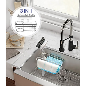 3 in 1 Sink Caddy Sponge Holder, VIS'V 304 Stainless Steel Adhesive Kitchen Sink Basket Sponge Holder Brush Holder Dishcloth Hanger Kitchen Sink Accessories Organizer Rack with 2 Suction Cups - Silver