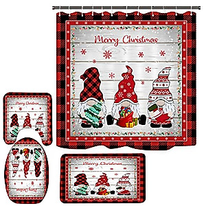 Gnome Christmas Bathroom Sets with Shower Curtain and Rugs, Merry Christmas Shower Curtain Set with Bath Mat, Xmas Bathroom Decor Set (Colorful Gnome)