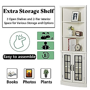 AMERLIFE Curved Corner Storage Cabinet, 65'' Tall Freestanding Bookcase with Glass Doors & Adjustable Shelves, 5-Tier Corner Display Cabinet for Living Room, Distressed White (CSC128B)