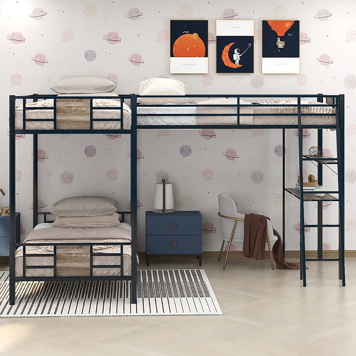 P PURLOVE L-Shaped Triple Metal Bunk Bed, Twin Over Twin Bunk Bed and Twin Loft Bed Attached,High Metal Loft Bed with Desk and Shelf for Kids Teens,Mo Box Spring Need